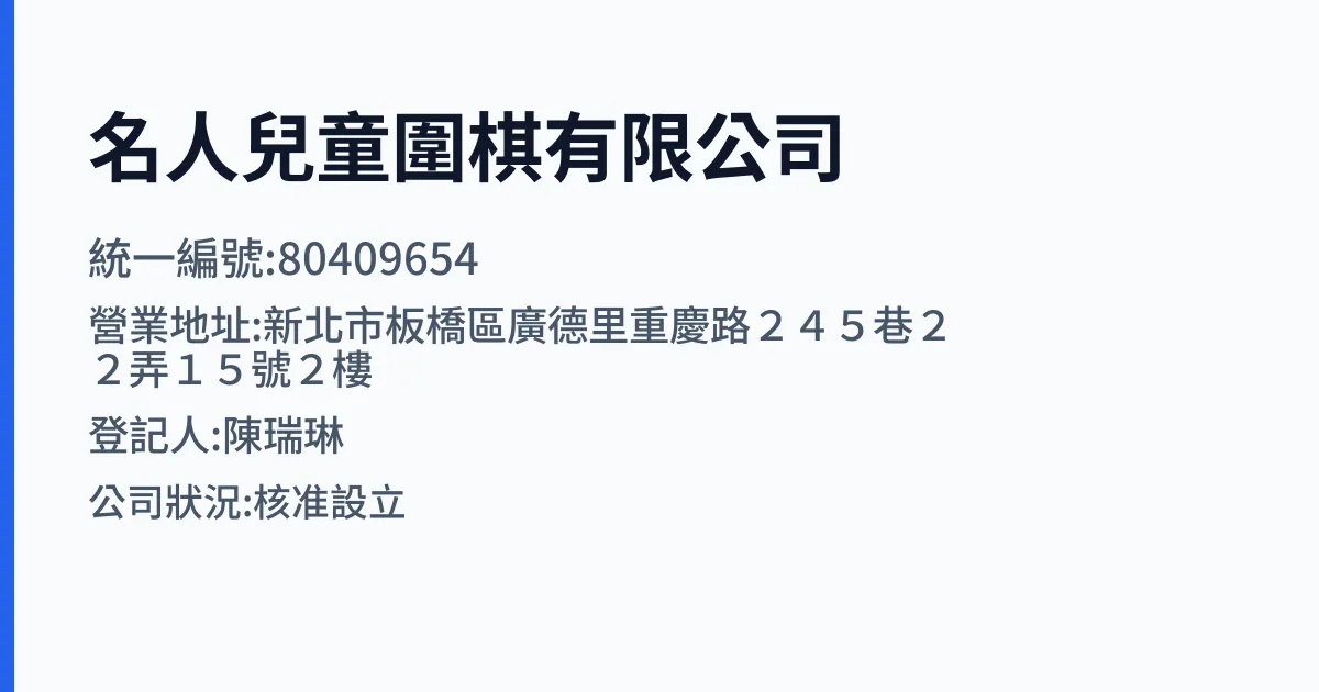 名人兒童圍棋有限公司 - 統編 80409654(新北市) 公司登記資料與營業項目詳細圖表