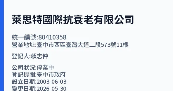萊思特國際抗衰老有限公司的照片-統編 80410358(臺中市) 公司登記資料與營業項目詳細圖表