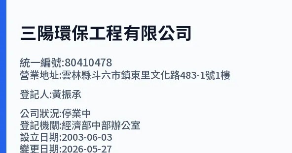 三陽環保工程有限公司的照片-統編 80410478(雲林縣) 公司登記資料與營業項目詳細圖表