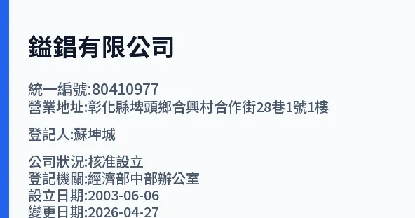 鎰錩有限公司的照片-統編 80410977(彰化縣) 公司登記資料與營業項目詳細圖表