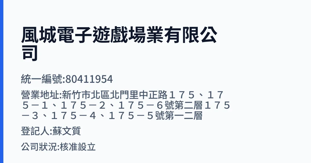風城電子遊戲場業有限公司 - 統編 80411954(新竹市) 公司登記資料與營業項目詳細圖表