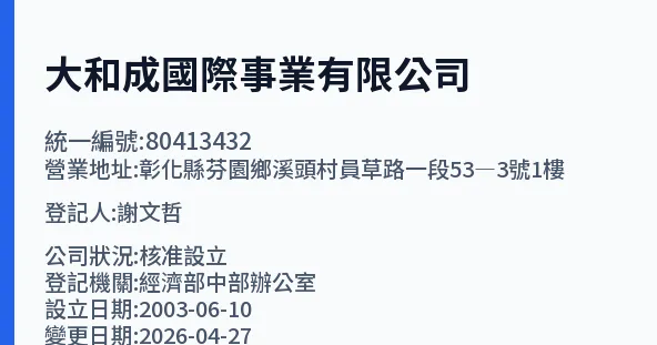 大和成國際事業有限公司的照片-統編 80413432(彰化縣) 公司登記資料與營業項目詳細圖表
