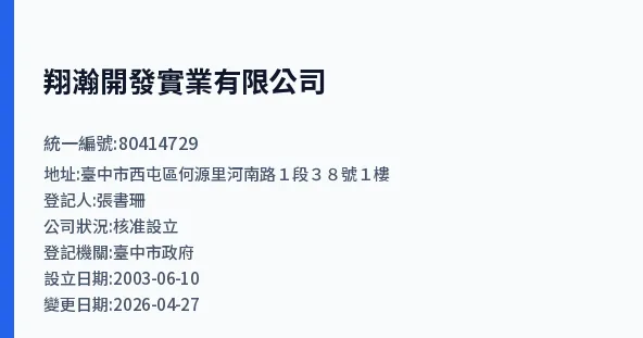 翔瀚開發實業有限公司的照片-統編 80414729(臺中市) 公司登記資料與營業項目詳細圖表