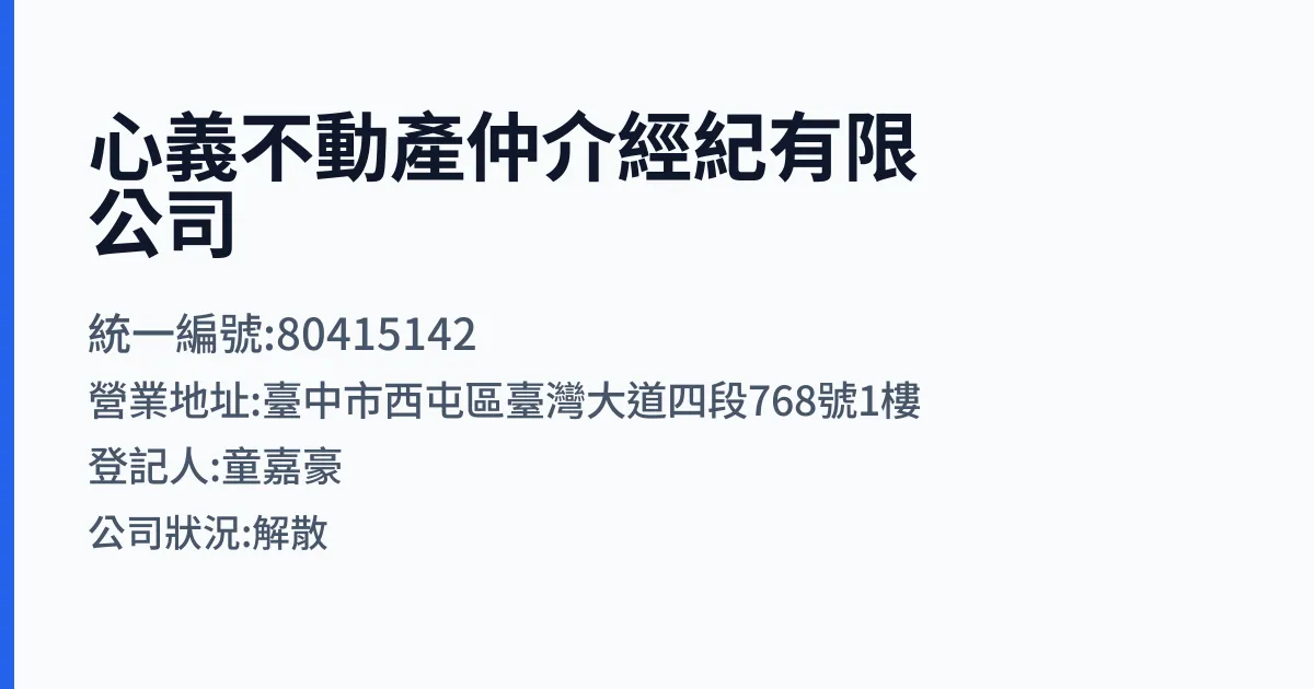 心義不動產仲介經紀有限公司 - 統編 80415142(臺中市) 公司登記資料與營業項目詳細圖表