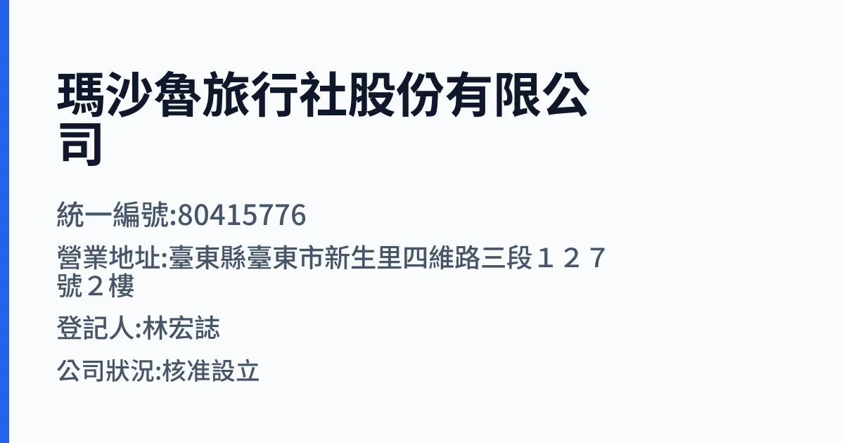 瑪沙魯旅行社股份有限公司 - 統編 80415776(臺東縣) 公司登記資料與營業項目詳細圖表