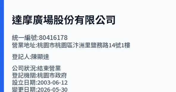達摩廣場股份有限公司的照片-統編 80416178(桃園市) 公司登記資料與營業項目詳細圖表