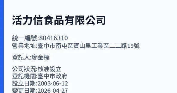 活力信食品有限公司的照片-統編 80416310(臺中市) 公司登記資料與營業項目詳細圖表
