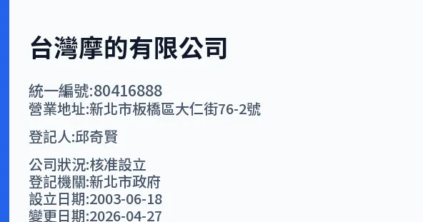 台灣摩的有限公司的照片-統編 80416888(新北市) 公司登記資料與營業項目詳細圖表