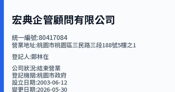 宏典企管顧問有限公司的照片-統編 80417084(桃園市) 公司登記資料與營業項目詳細圖表