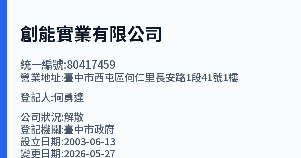 創能實業有限公司的照片-統編 80417459(臺中市) 公司登記資料與營業項目詳細圖表
