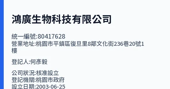 鴻廣生物科技有限公司的照片-統編 80417628(桃園市) 公司登記資料與營業項目詳細圖表