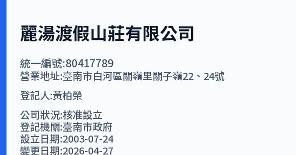 麗湯渡假山莊有限公司的照片-統編 80417789(臺南市) 公司登記資料與營業項目詳細圖表