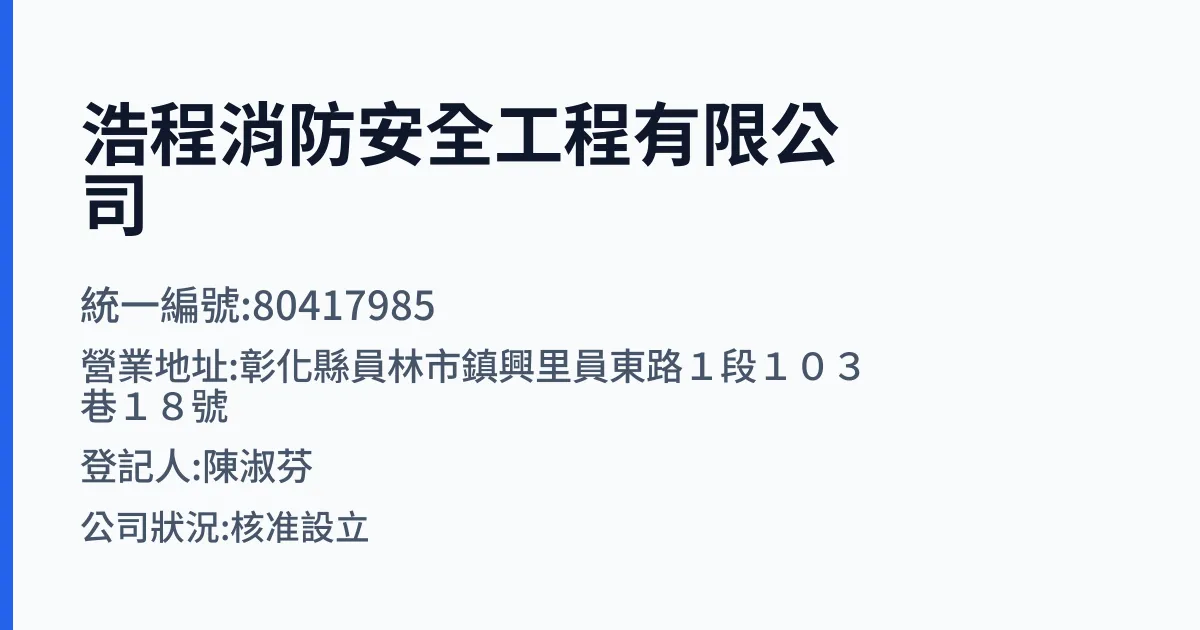 浩程消防安全工程有限公司 - 統編 80417985(彰化縣) 公司登記資料與營業項目詳細圖表
