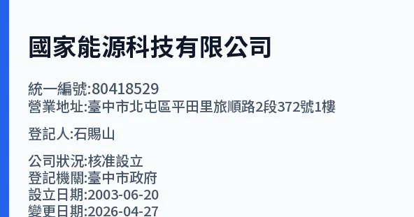 國家能源科技有限公司的照片-統編 80418529(臺中市) 公司登記資料與營業項目詳細圖表