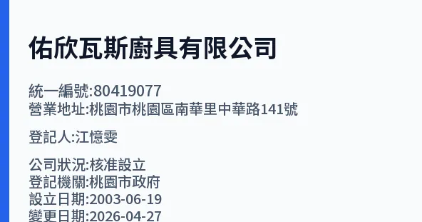 佑欣瓦斯廚具有限公司的照片-統編 80419077(桃園市) 公司登記資料與營業項目詳細圖表