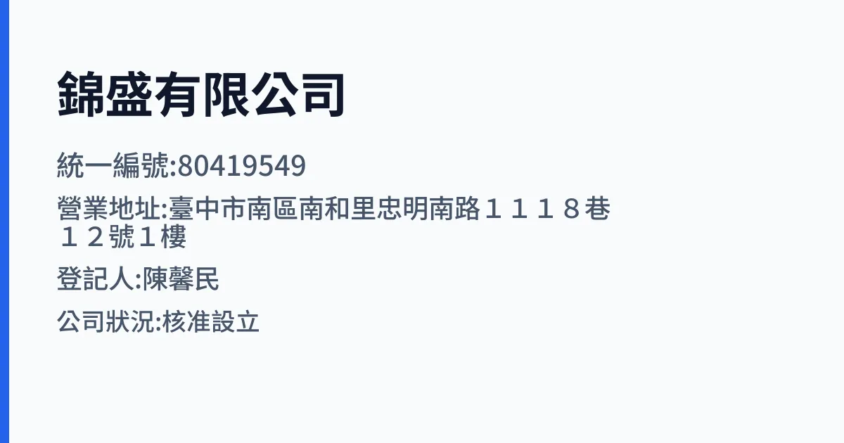 錦盛有限公司 - 統編 80419549(臺中市) 公司登記資料與營業項目詳細圖表