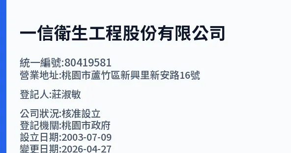 一信衛生工程股份有限公司的照片-統編 80419581(桃園市) 公司登記資料與營業項目詳細圖表