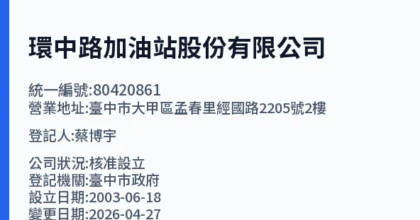 環中路加油站股份有限公司的照片-統編 80420861(臺中市) 公司登記資料與營業項目詳細圖表