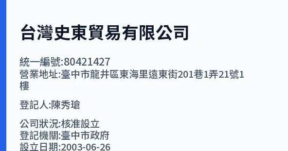 台灣史東貿易有限公司的照片-統編 80421427(臺中市) 公司登記資料與營業項目詳細圖表