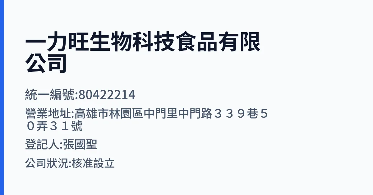 一力旺生物科技食品有限公司 - 統編 80422214(高雄市) 公司登記資料與營業項目詳細圖表