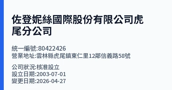 佐登妮絲國際股份有限公司虎尾分公司的照片-統編 80422426(雲林縣) 公司登記資料與營業項目詳細圖表