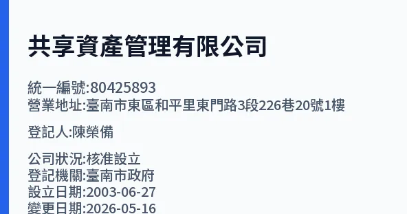 共享資產管理有限公司的照片-統編 80425893(臺南市) 公司登記資料與營業項目詳細圖表