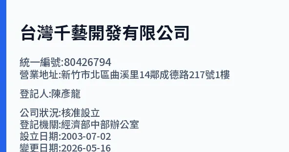 台灣千藝開發有限公司的照片-統編 80426794(新竹市) 公司登記資料與營業項目詳細圖表