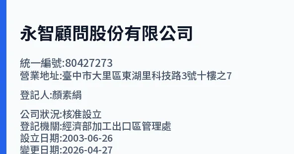 永智顧問股份有限公司的照片-統編 80427273(臺中市) 公司登記資料與營業項目詳細圖表