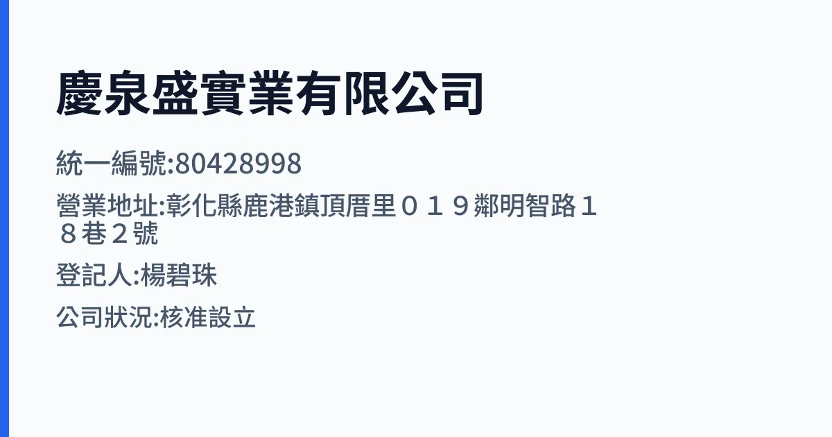 慶泉盛實業有限公司 - 統編 80428998（彰化縣） 公司登記資料與營業項目詳細圖表