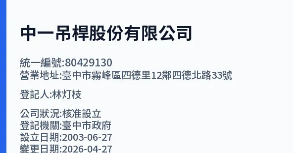 中一吊桿股份有限公司的照片-統編 80429130(臺中市) 公司登記資料與營業項目詳細圖表