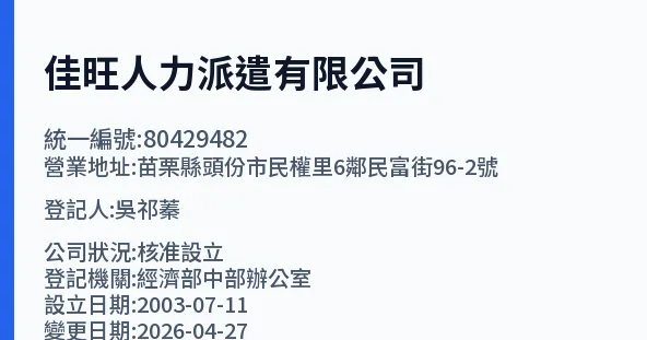 佳旺人力派遣有限公司的照片-統編 80429482(苗栗縣) 公司登記資料與營業項目詳細圖表