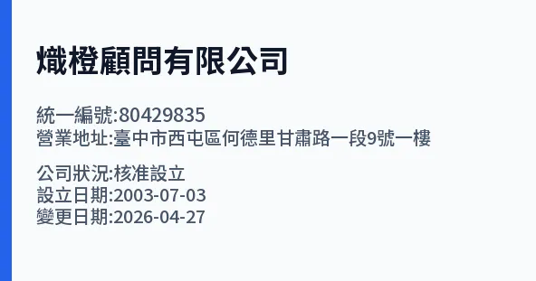 熾橙顧問有限公司的照片-統編 80429835(臺中市) 公司登記資料與營業項目詳細圖表