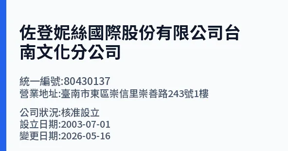 佐登妮絲國際股份有限公司台南文化分公司的照片-統編 80430137(臺南市) 公司登記資料與營業項目詳細圖表