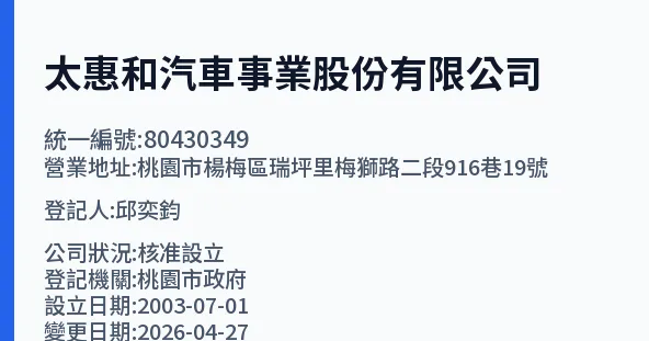 太惠和汽車事業股份有限公司的照片-統編 80430349(桃園市) 公司登記資料與營業項目詳細圖表