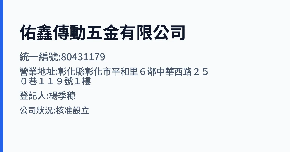 佑鑫傳動五金有限公司 - 統編 80431179(彰化縣) 公司登記資料與營業項目詳細圖表