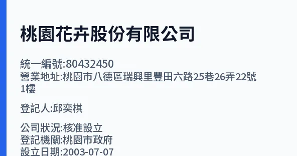 桃園花卉股份有限公司的照片-統編 80432450(桃園市) 公司登記資料與營業項目詳細圖表