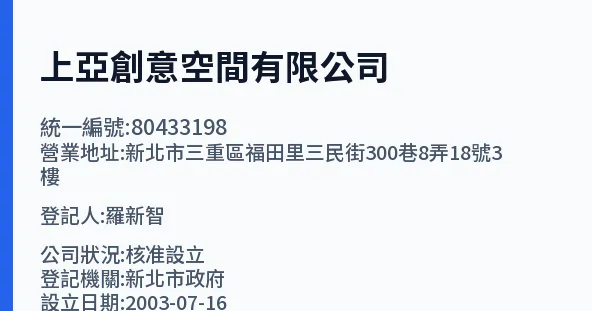 上亞創意空間有限公司的照片-統編 80433198(新北市) 公司登記資料與營業項目詳細圖表
