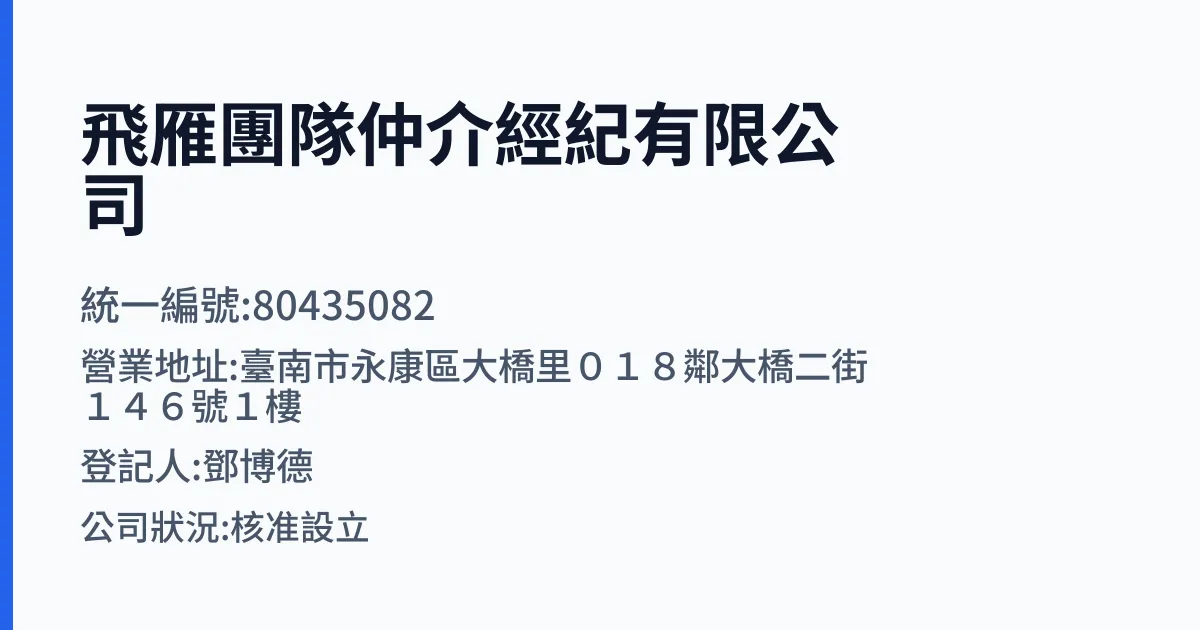 飛雁團隊仲介經紀有限公司 - 統編 80435082(臺南市) 公司登記資料與營業項目詳細圖表