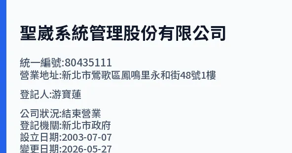 聖崴系統管理股份有限公司的照片-統編 80435111(新北市) 公司登記資料與營業項目詳細圖表