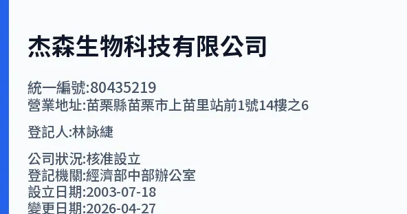 杰森生物科技有限公司的照片-統編 80435219(苗栗縣) 公司登記資料與營業項目詳細圖表