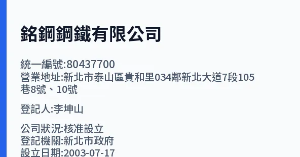 銘鋼鋼鐵有限公司的照片-統編 80437700(新北市) 公司登記資料與營業項目詳細圖表
