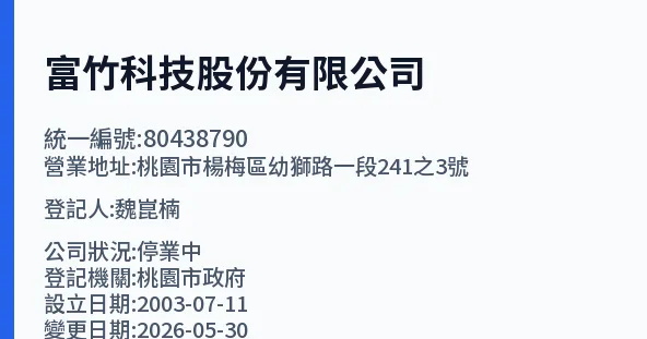 富竹科技股份有限公司的照片-統編 80438790(桃園市) 公司登記資料與營業項目詳細圖表