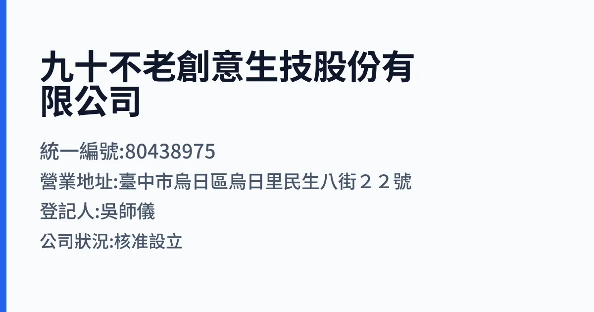 九十不老創意生技股份有限公司 - 統編 80438975(臺中市) 公司登記資料與營業項目詳細圖表