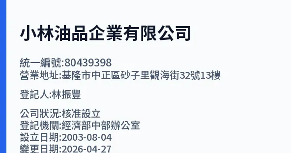 小林油品企業有限公司的照片-統編 80439398(基隆市) 公司登記資料與營業項目詳細圖表
