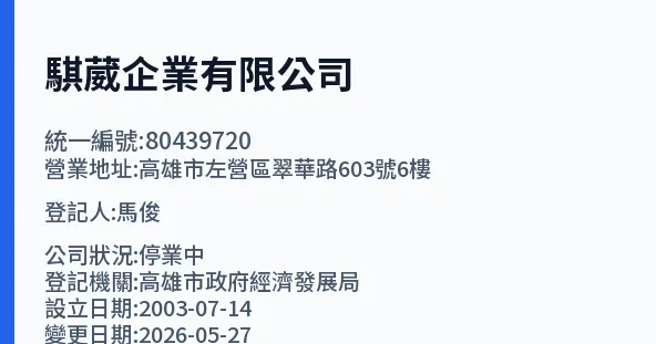 騏葳企業有限公司的照片-統編 80439720(高雄市) 公司登記資料與營業項目詳細圖表