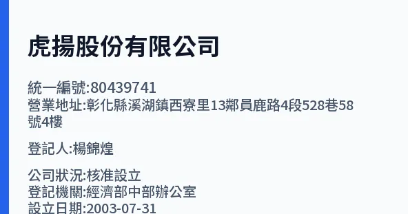 虎揚股份有限公司的照片-統編 80439741(彰化縣) 公司登記資料與營業項目詳細圖表