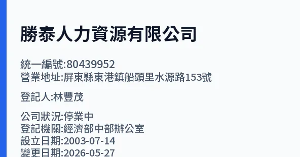 勝泰人力資源有限公司的照片-統編 80439952(屏東縣) 公司登記資料與營業項目詳細圖表