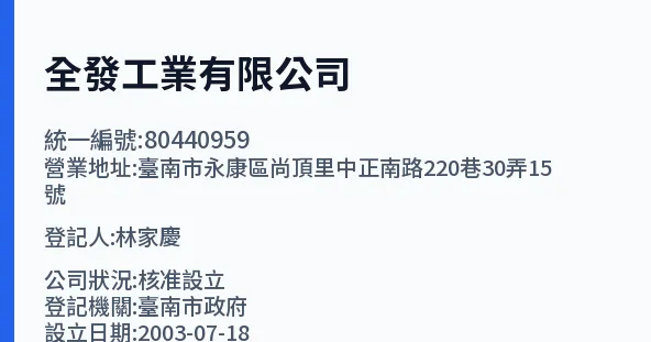 全發工業有限公司的照片-統編 80440959(臺南市) 公司登記資料與營業項目詳細圖表