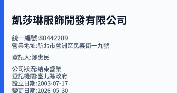 凱莎琳服飾開發有限公司的照片-統編 80442289(新北市) 公司登記資料與營業項目詳細圖表