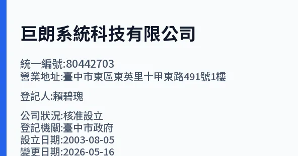 巨朗系統科技有限公司的照片-統編 80442703(臺中市) 公司登記資料與營業項目詳細圖表